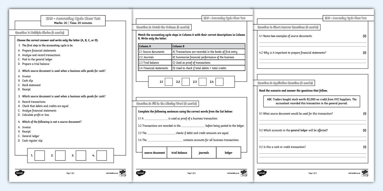 Grade 8 EMS – Accounting Cycle Class Test - Twinkl