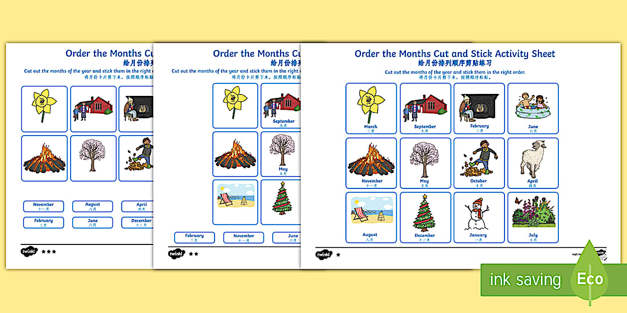 Months of the Year Cut and Stick Worksheet / Worksheet - English/Mandarin