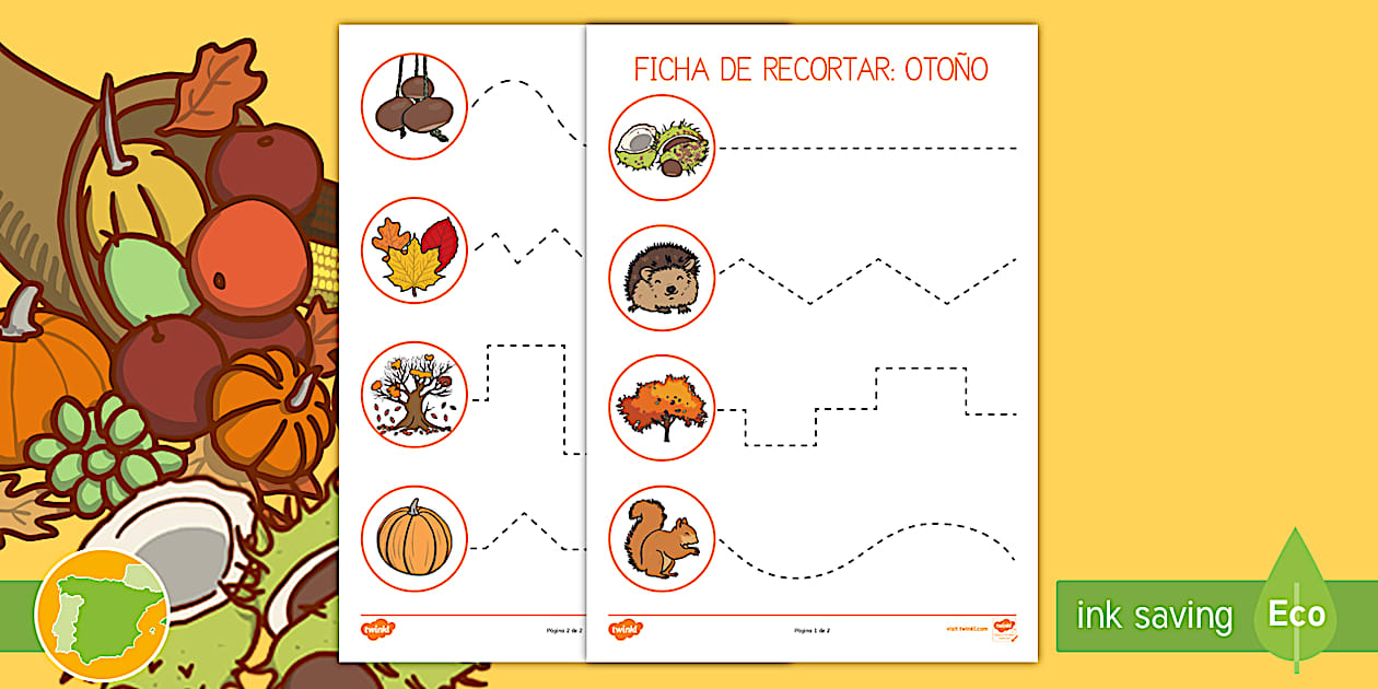 Ficha de motricidad fina: Recortar - Otoño - Twinkl