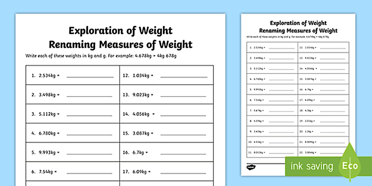 Exploration of Weight - Writing Weights in kg and g - Worksheet