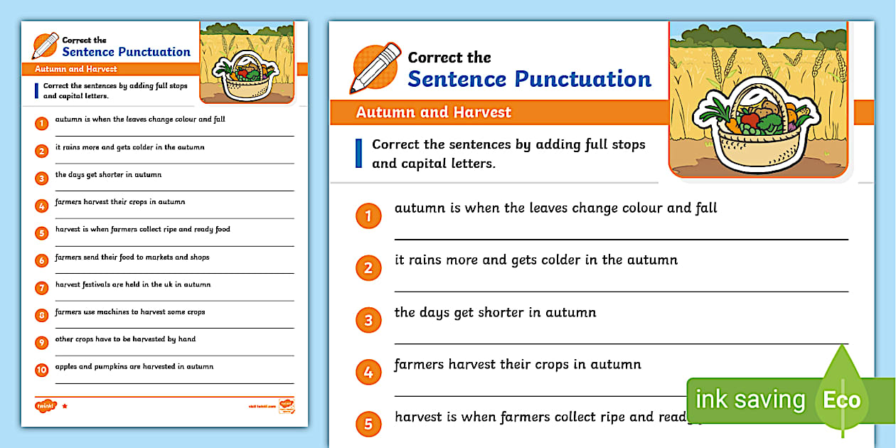 KS1 Correct the Sentence Punctuation: Autumn & Harvest