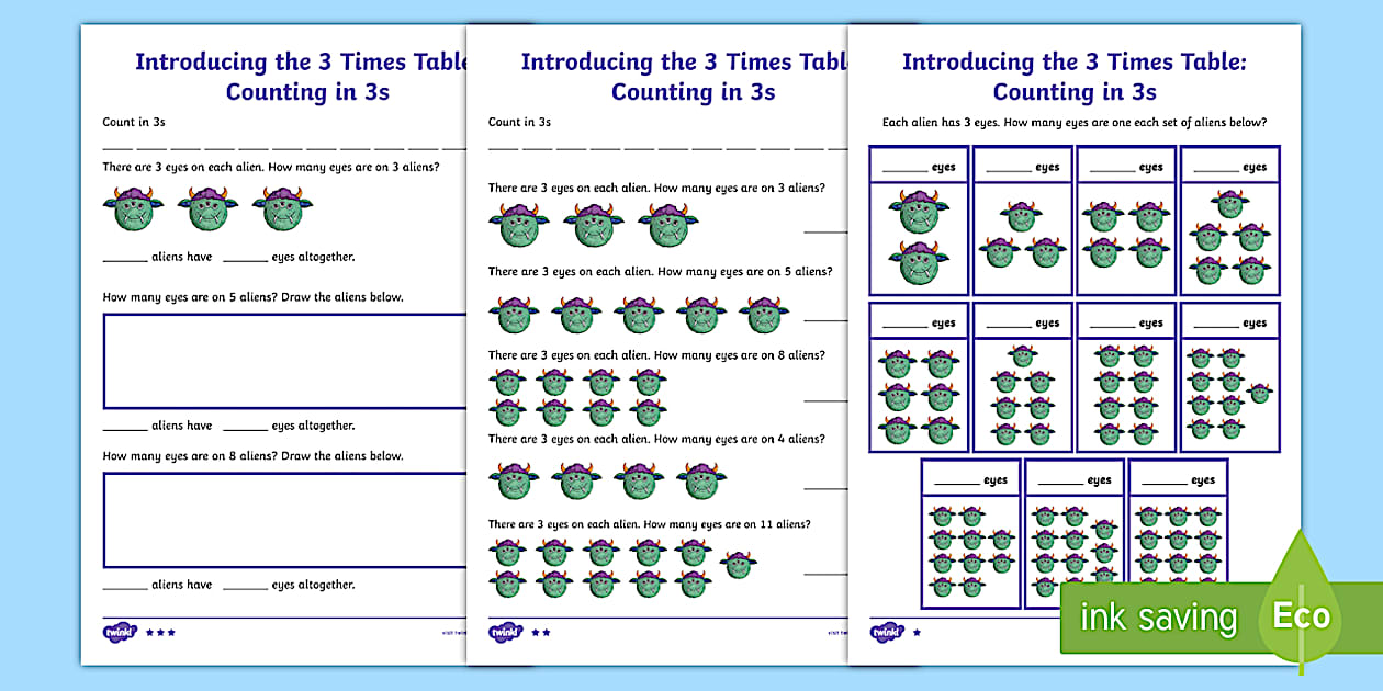 Black and White Introduction to the 3 Times Table Differentiated Worksheets