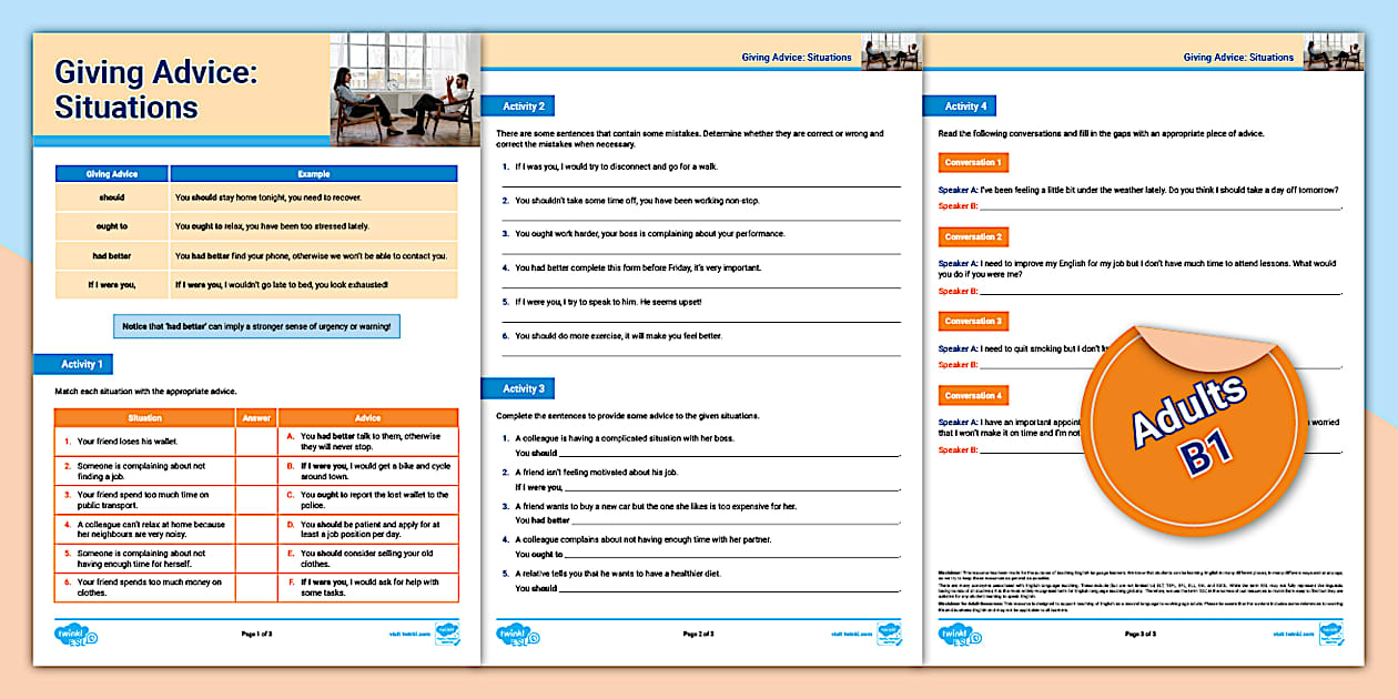 ESL Giving Advice: Situations Activity Sheet [Adults, B1]