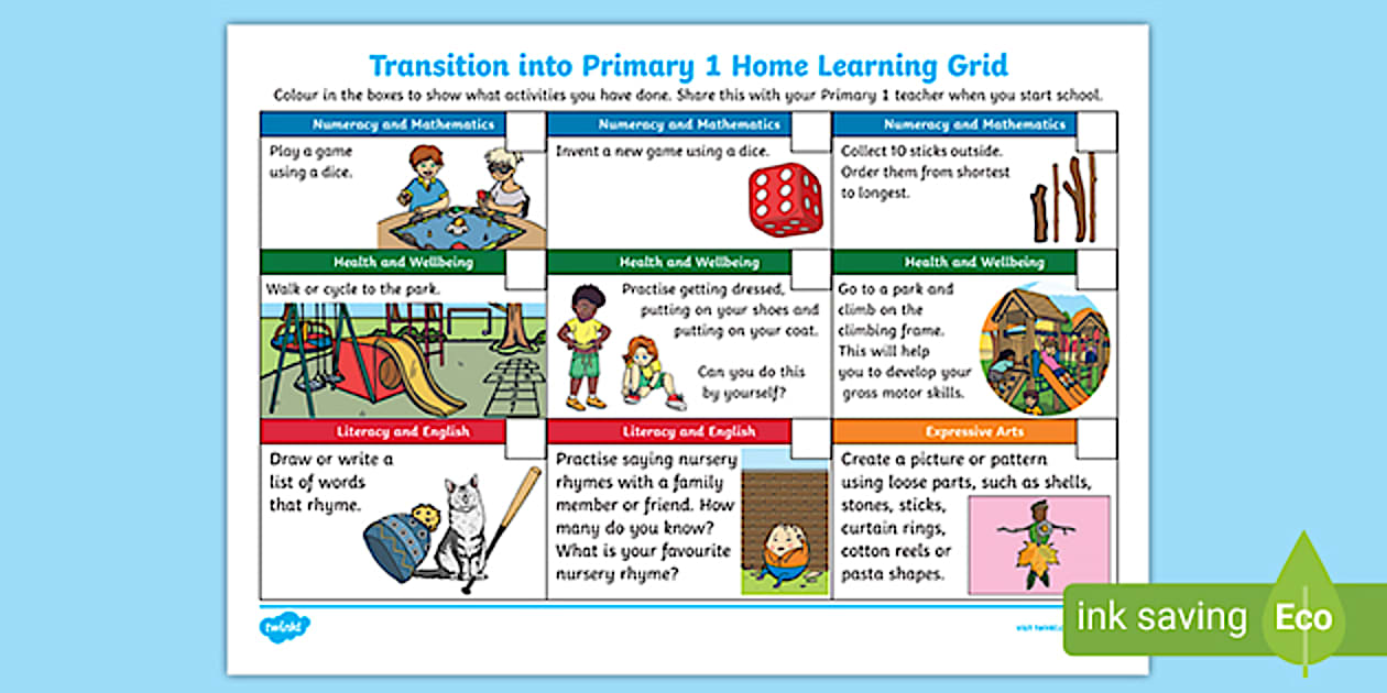 Editable Transition into Primary 1 Home Learning Grid