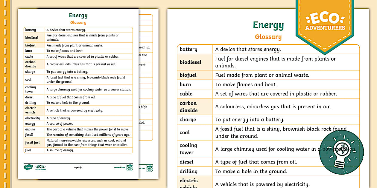 Year 2 Energy: Glossary (teacher made) - Twinkl
