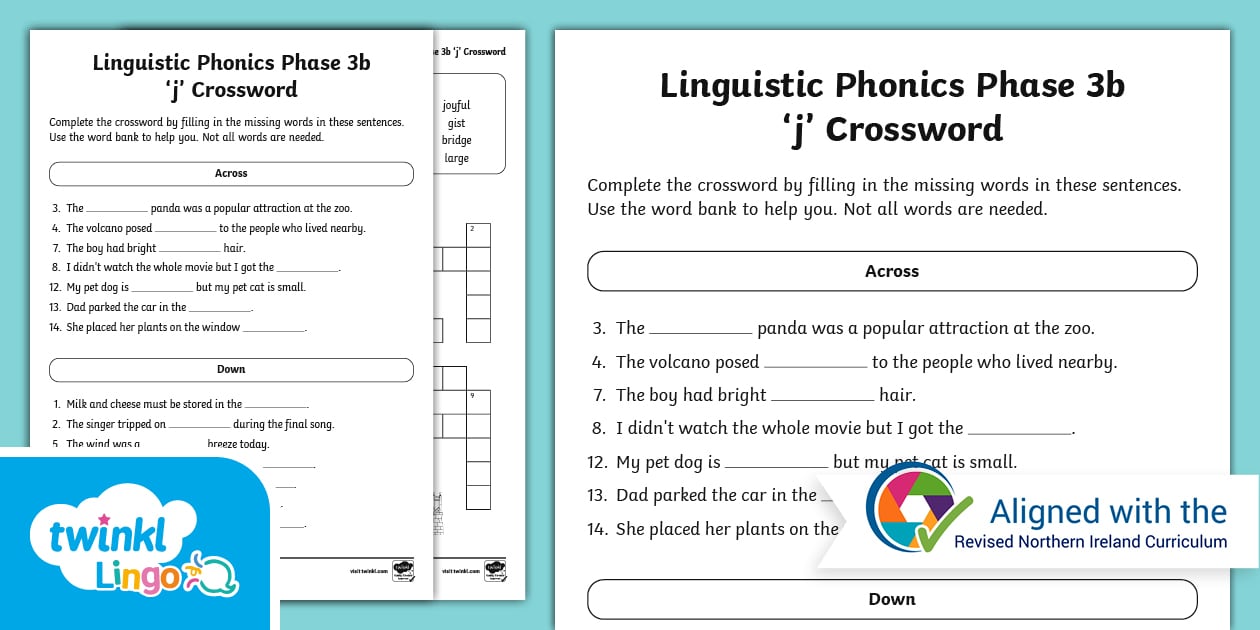 Linguistic Phonics Phase 3b 'j' Crossword - Twinkl