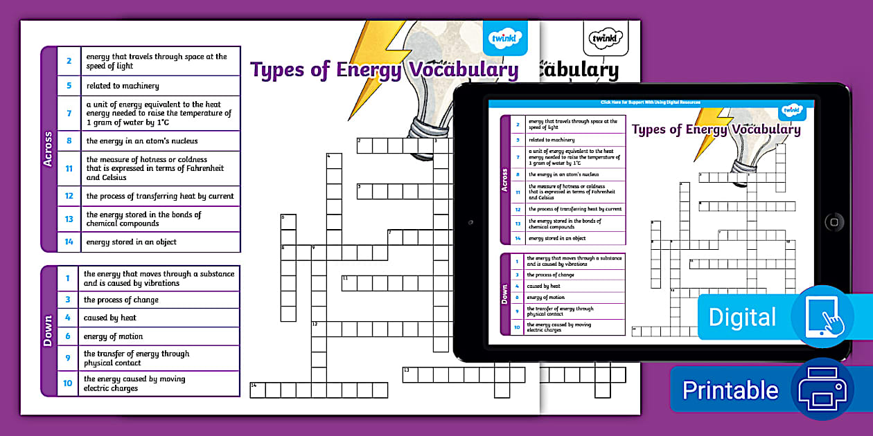 Types of Energy Vocabulary Crossword for 6th-8th Grade