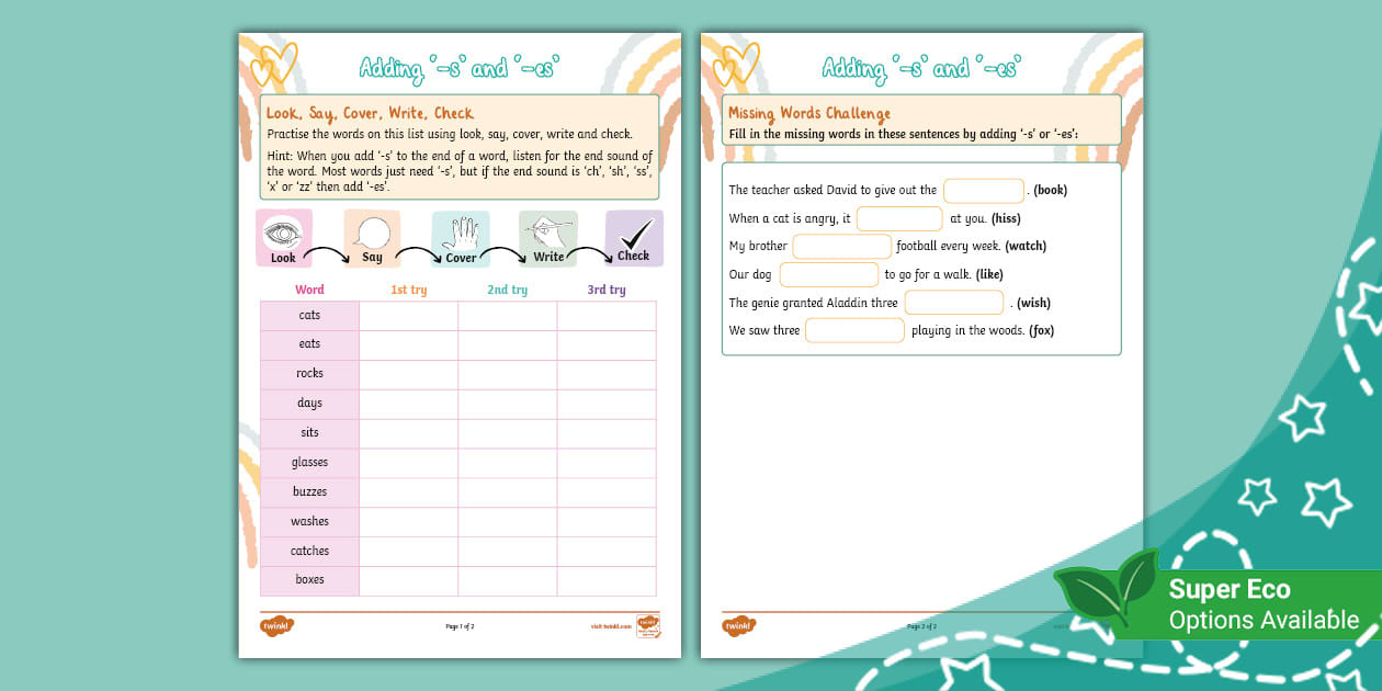 Year 1 Spelling Practice: Adding the Suffixes '-s' and '-es'