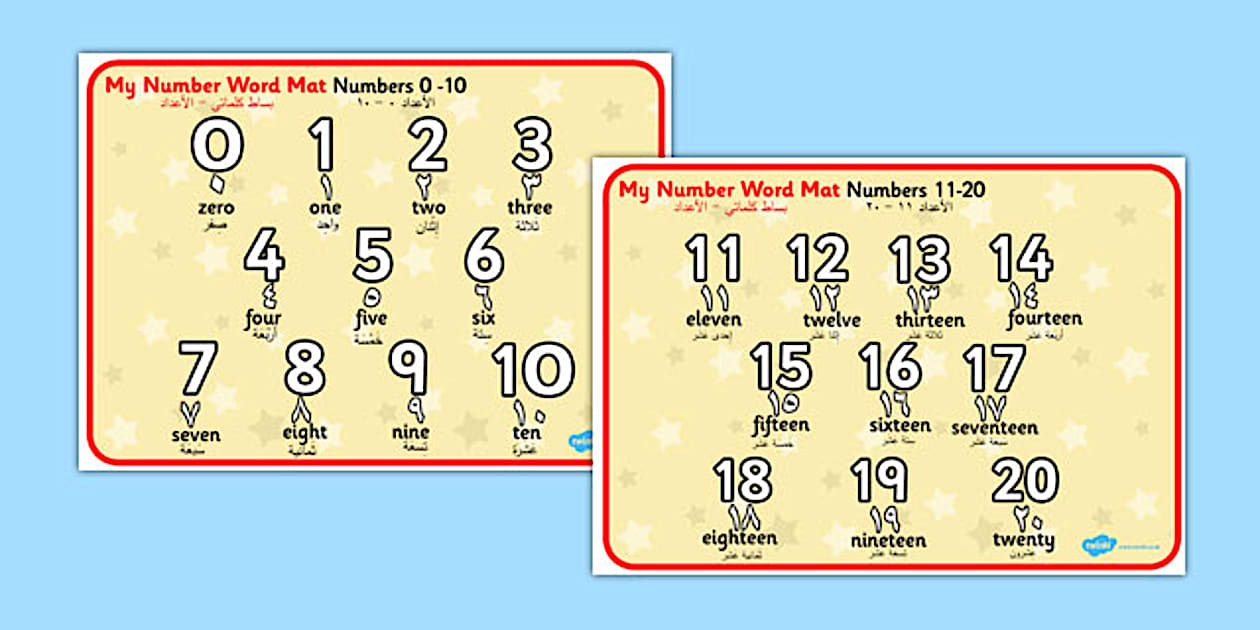 Numbers and Words 0-20 Word Mat Arabic Translation - Twinkl