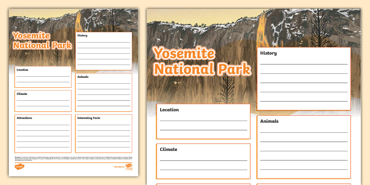 Yosemite National Park Fact File Template (teacher made)