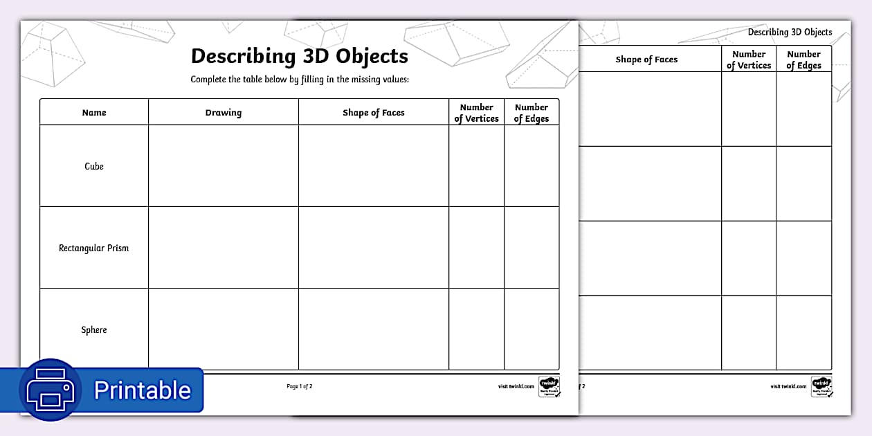Describing 3-D Objects Activity Sheet (teacher made)