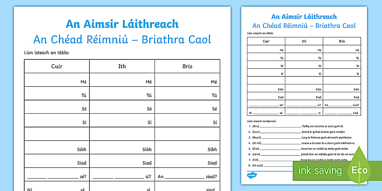 Junior Cycle Irish Verbs Present Tense Worksheet | Cuir Irish Verb