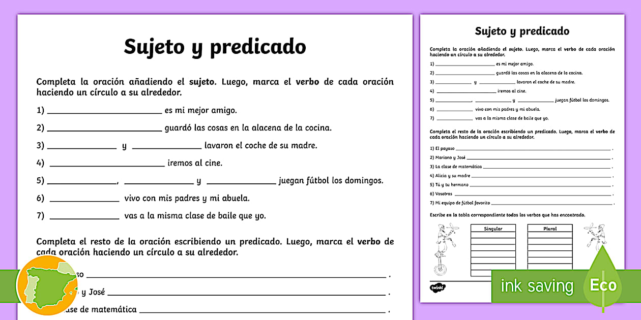 Ficha de actividad: Ejercicios de sujeto, predicado y verbos