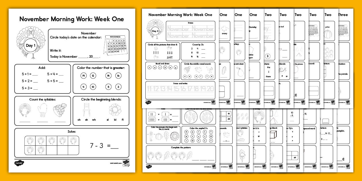 Kindergarten November Morning Work Bundle (teacher made)