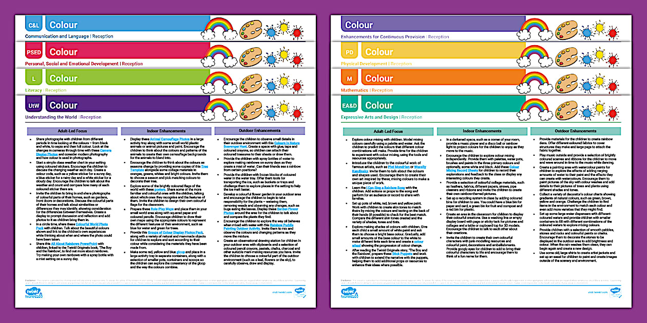 EYFS Reception Colour Planning & Continuous Provision Ideas