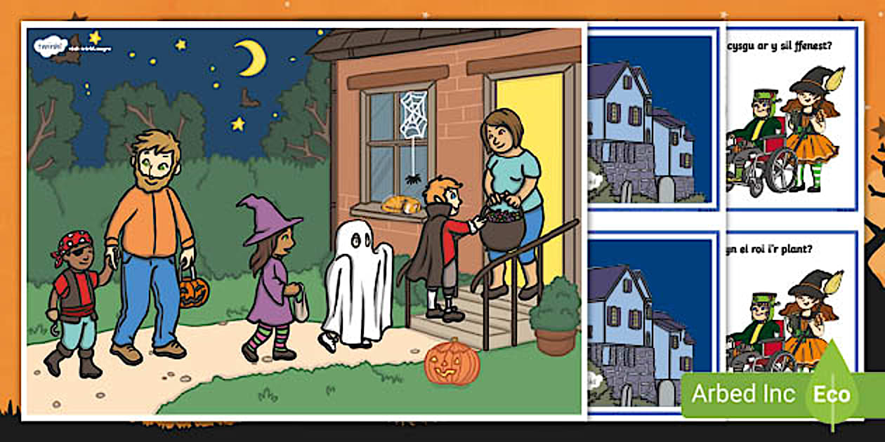 Taflen Weithgaredd Cwestiynau ac Olygfa Calan Gaeaf - Twinkl