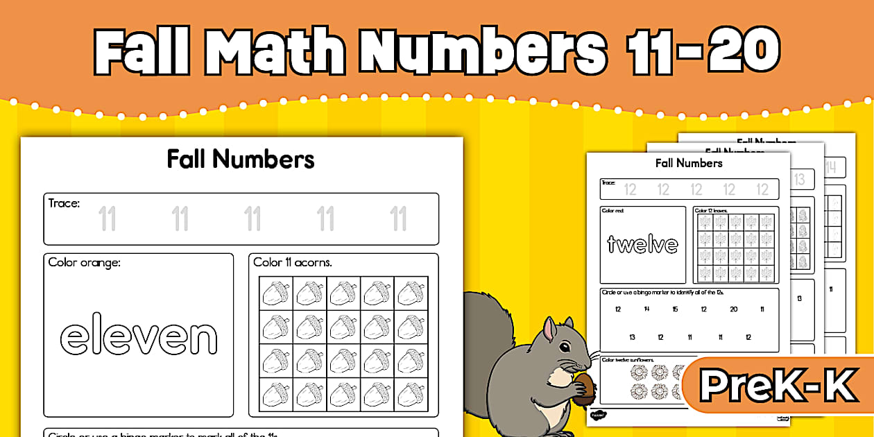 Fall Math Numbers 11-20 Worksheets for PreK-K
