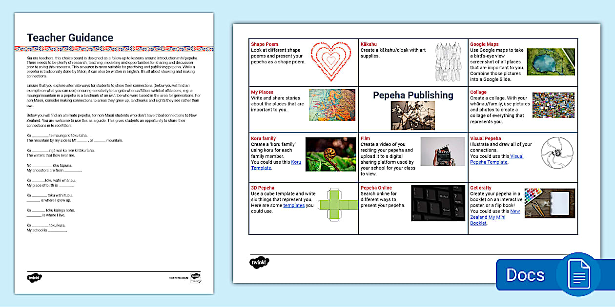 Pepeha/Mihimihi/Connections choice board