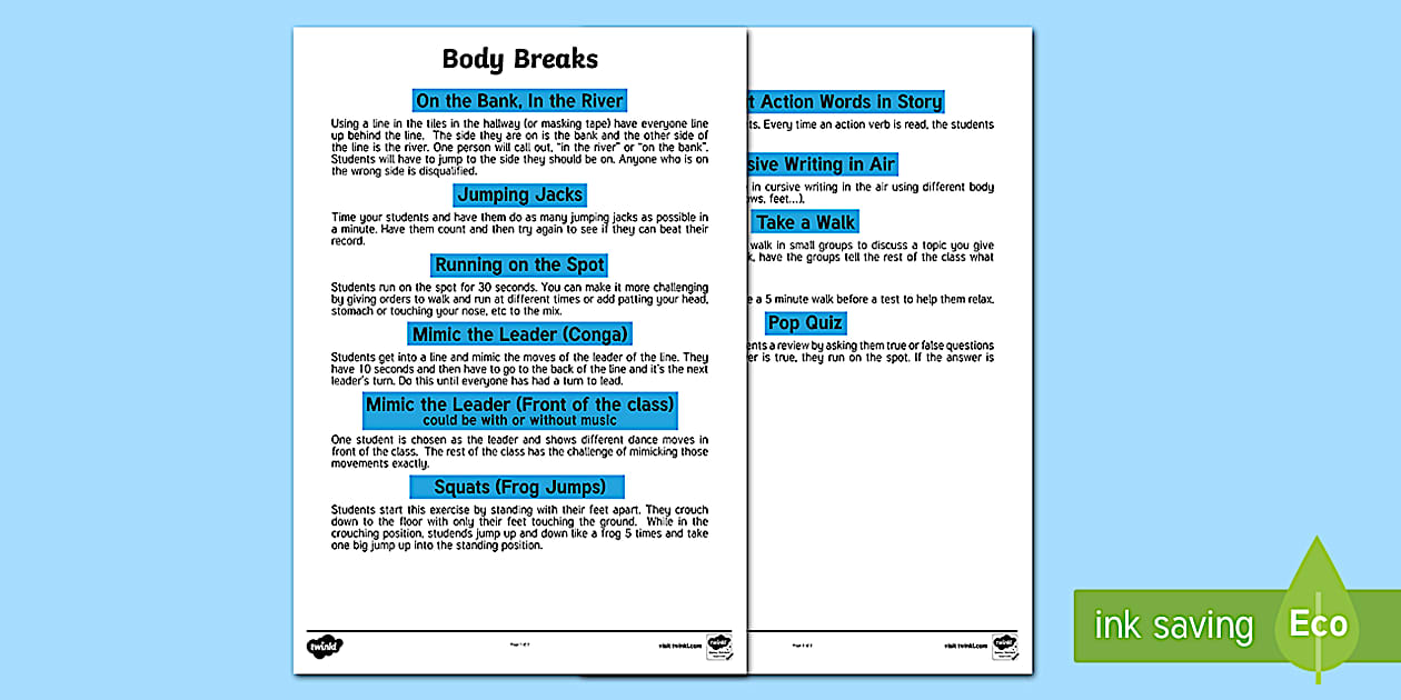 Body Breaks Poster A2 | Focus in the Classroom - Twinkl