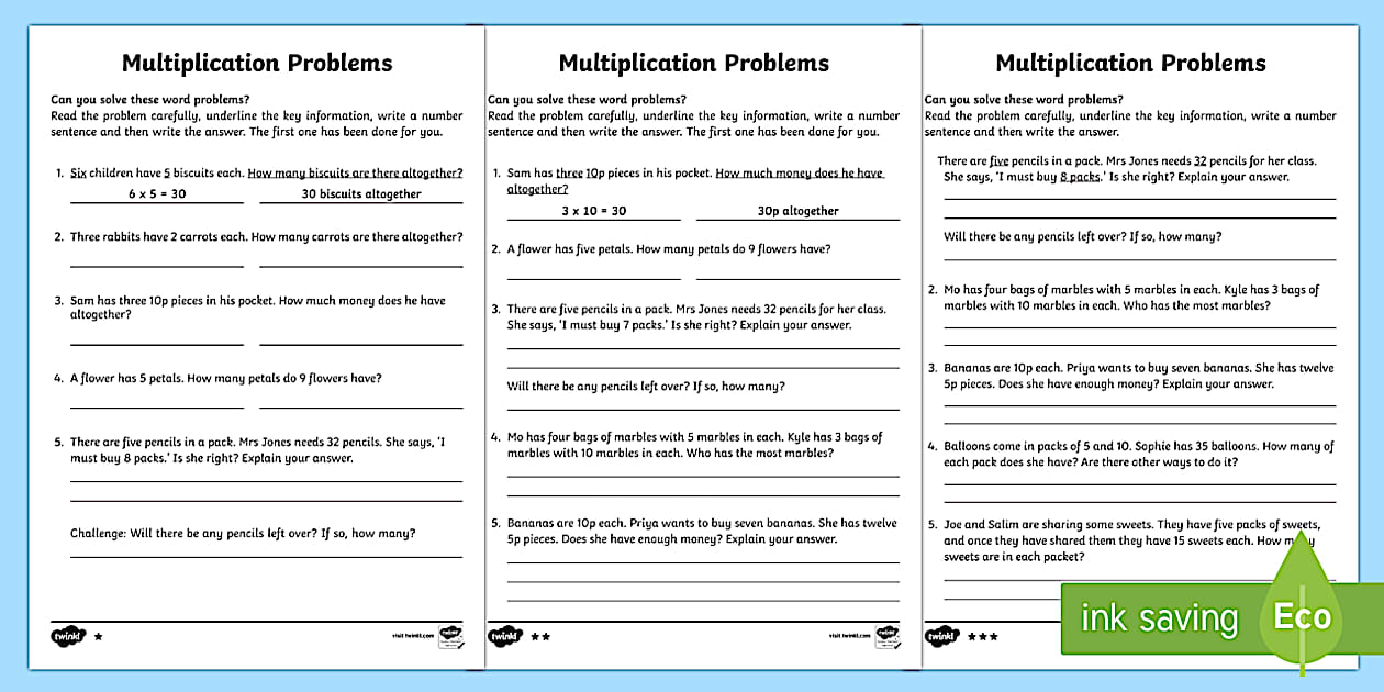 Editable Year 2 Multiplication Word Problems - Homework Worksheet