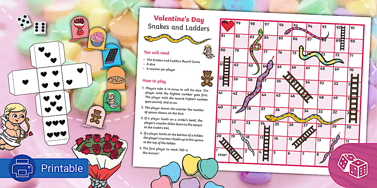 Valentine Snakes and Ladders Printable Board Game - Valentine’s Day Quick