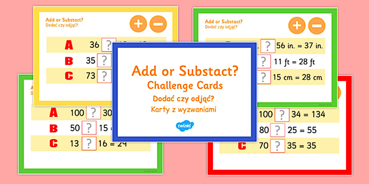Addition and Subtraction Maths Challenge Cards Polish Translation