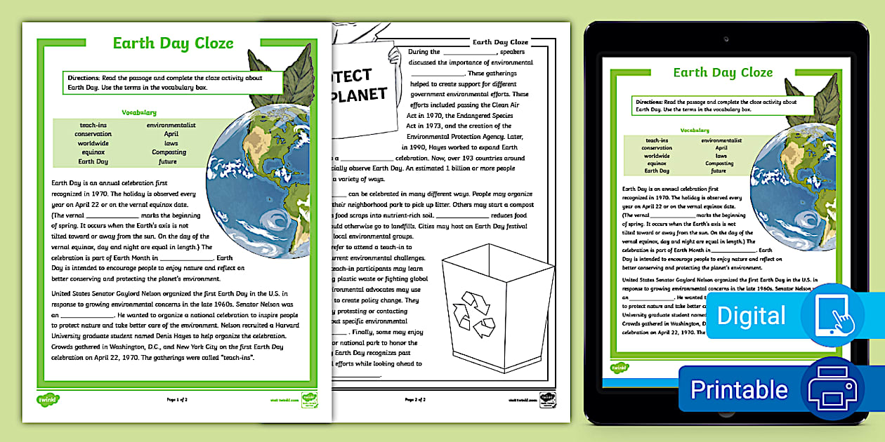 Sixth Grade Earth Day Cloze Reading Worksheet - Twinkl