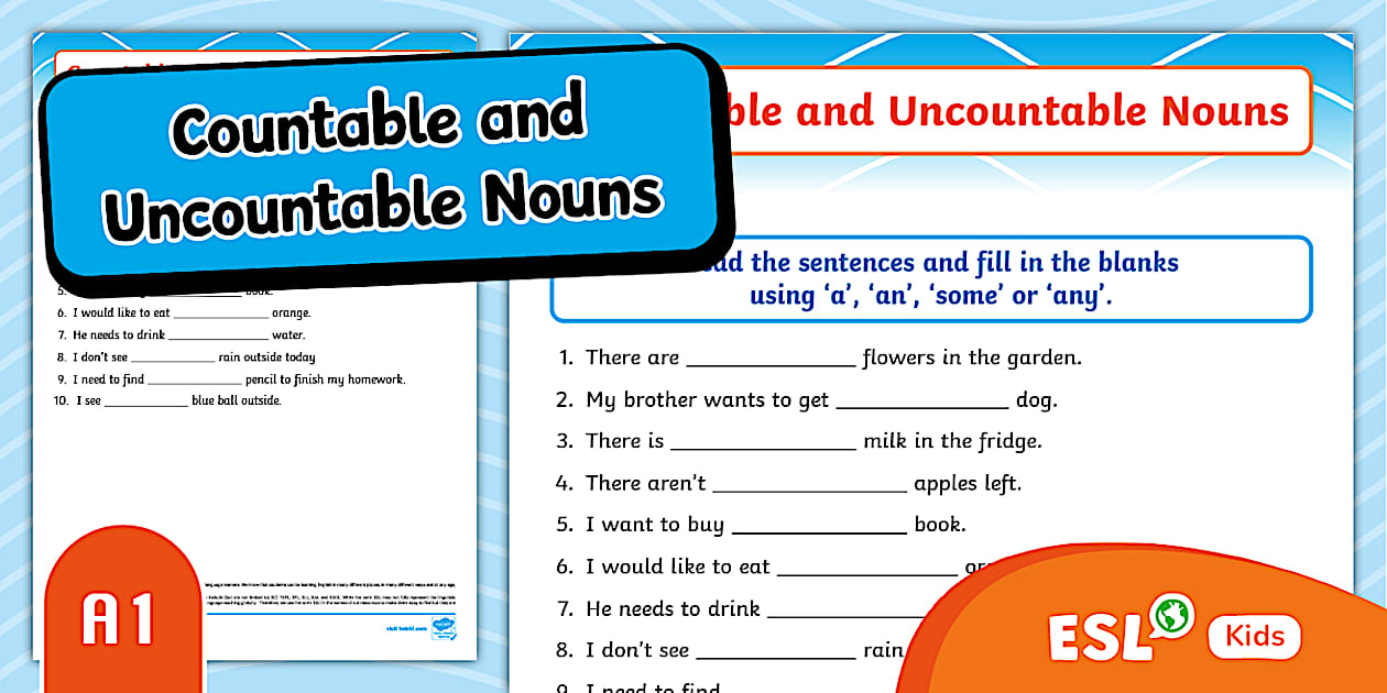 ESL Countable and Uncountable Nouns Activity Sheet Kids A1