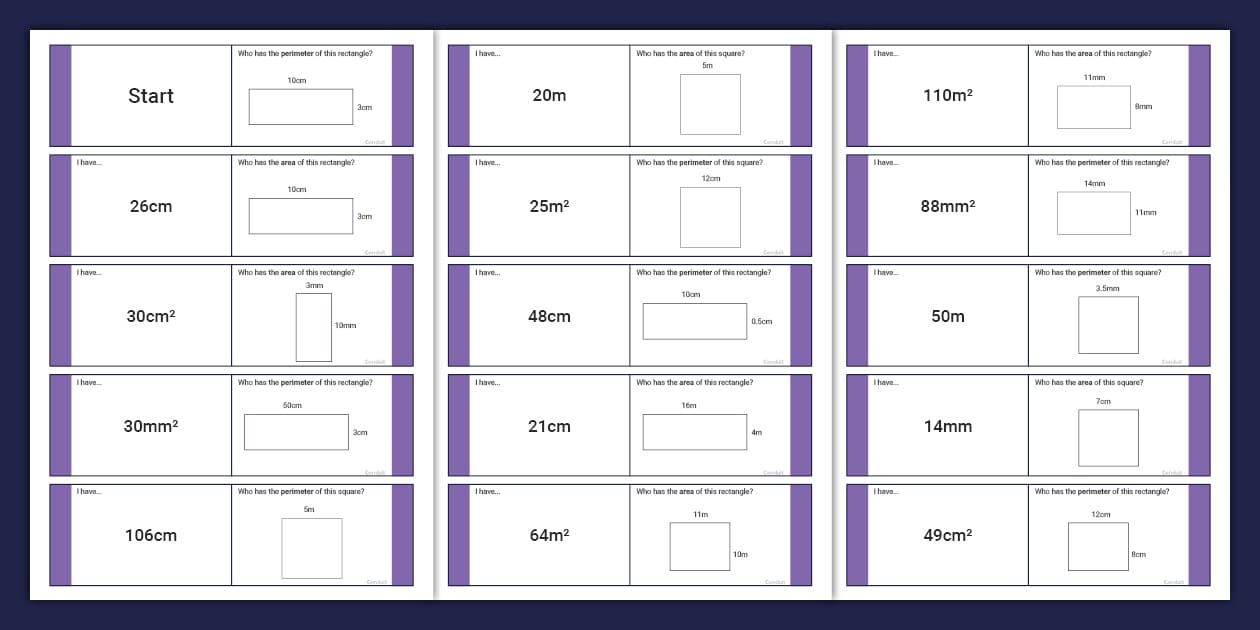 Area and Perimeter of Squares and Rectangles Loop Cards