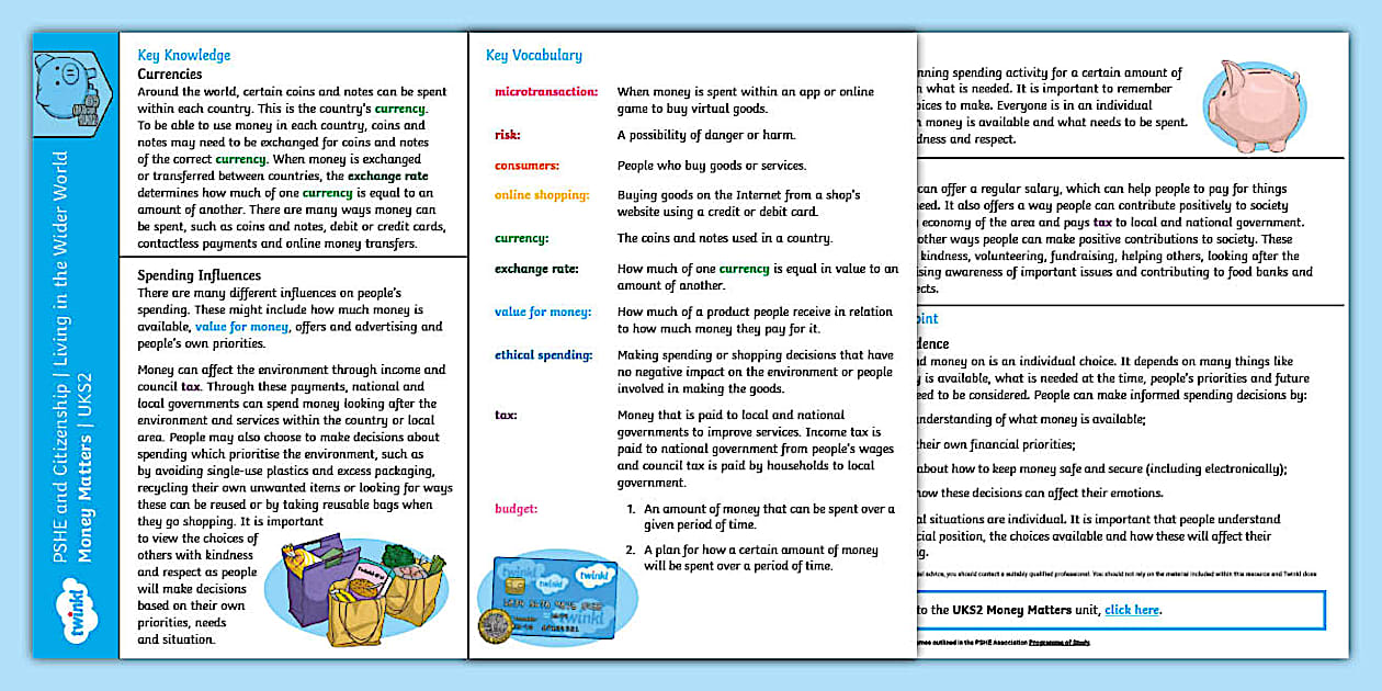 PSHE: UKS2 Money Matters - Knowledge Organiser - Twinkl