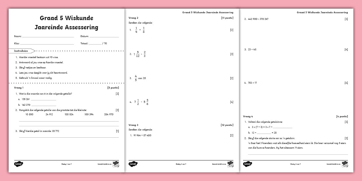 Graad 5 Wiskunde einde van die jaar assessering - Twinkl