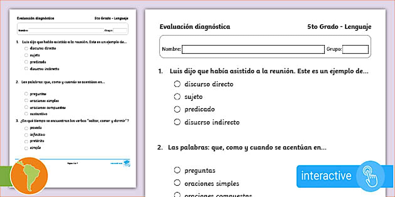 Examen diagnóstico 5to grado Lenguaje y comunicación en PDF