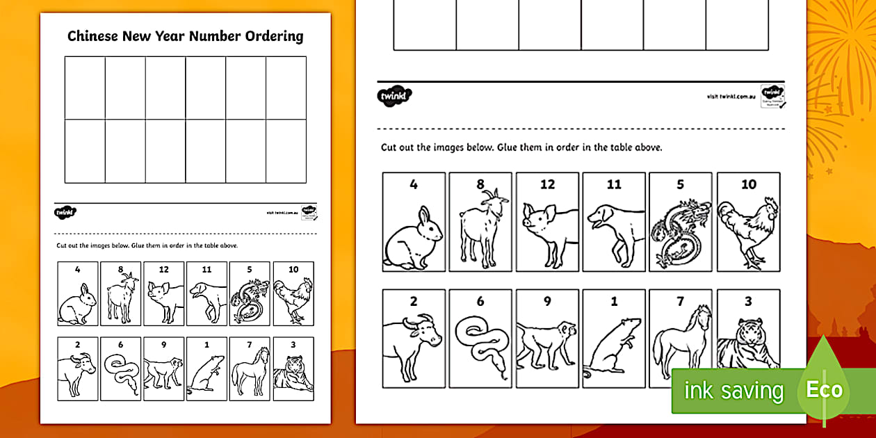 Chinese New Year Ordering Numbers to 10 Cut and Stick Worksheet
