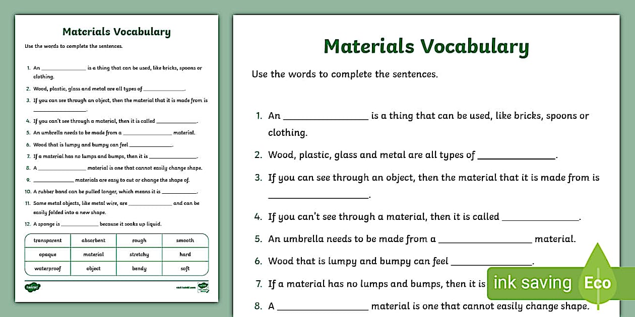 Science KS1 Materials Key Vocabulary Activity Assessment