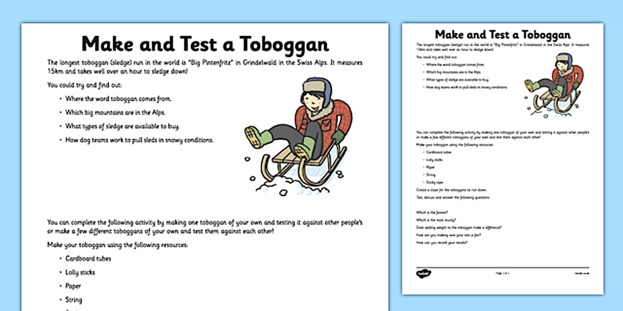 Editable Make and Test a Toboggan Worksheet - Twinkl