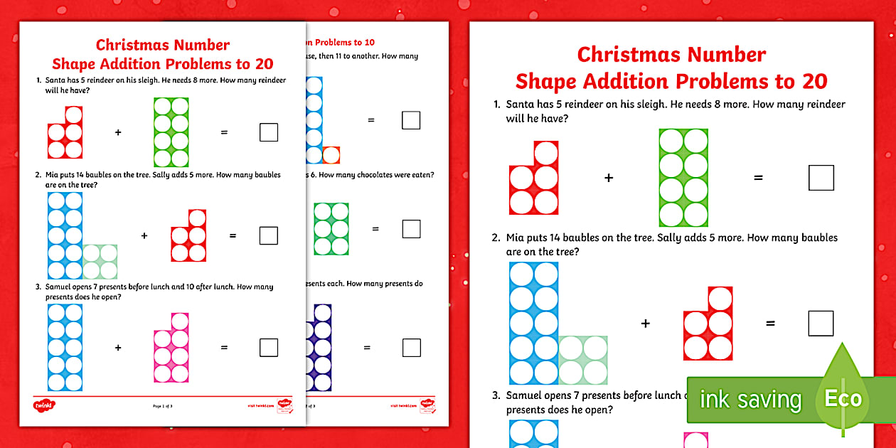 Christmas Number Shape Addition Problems to 20 Worksheet
