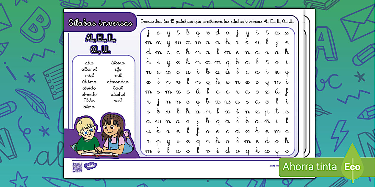 Sopa de letras: Sílabas inversas AL, EL, IL, OL, UL