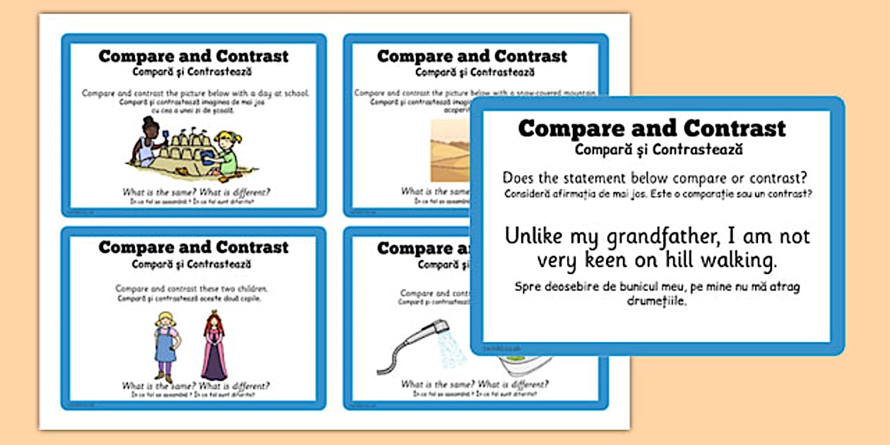 Guided Reading Skills Task Cards Compare and Contrast Romanian Translation