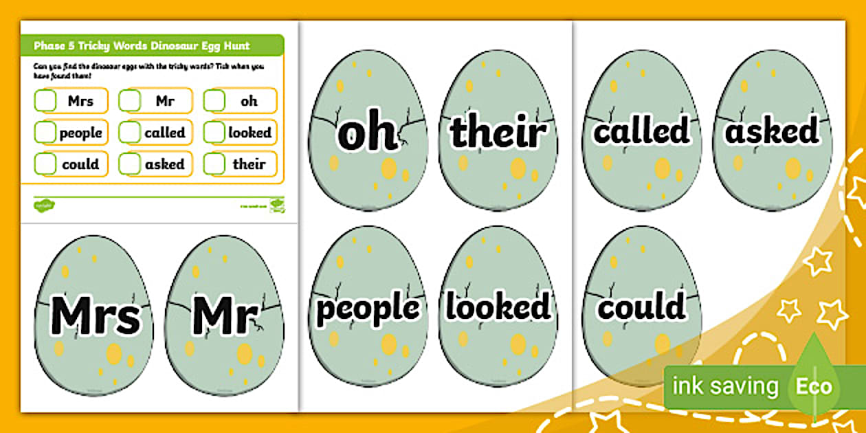 Editable Phase 5 Tricky Words Dinosaur Egg Hunt - Twinkl