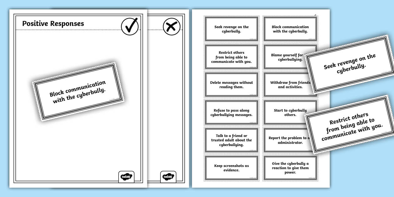 Positive and Negative Responses To Cyberbullying Sorting Worksheet for ...