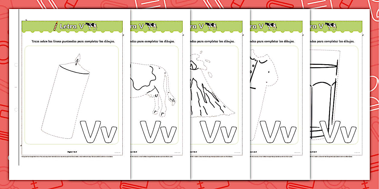 Guía de Trabajo: Trazos sobre Dibujos - Letra V - Twinkl