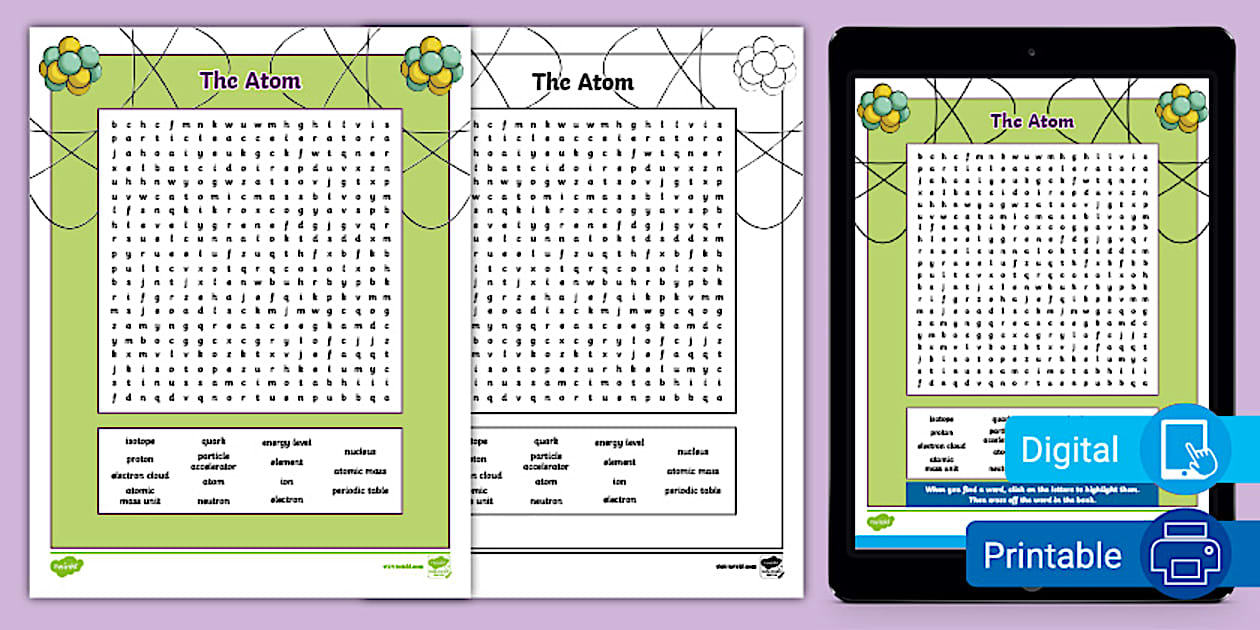 Atom Vocabulary Word Search for 6th-8th Grade