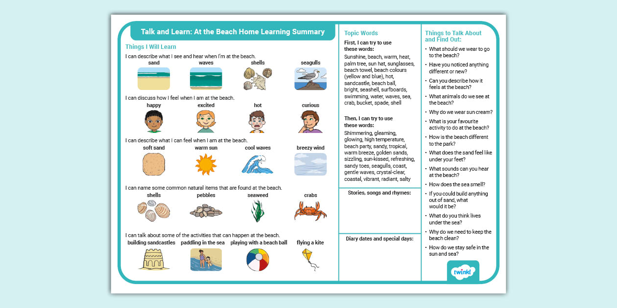 Talk and Learn: At the Beach Home Learning Summary - Twinkl