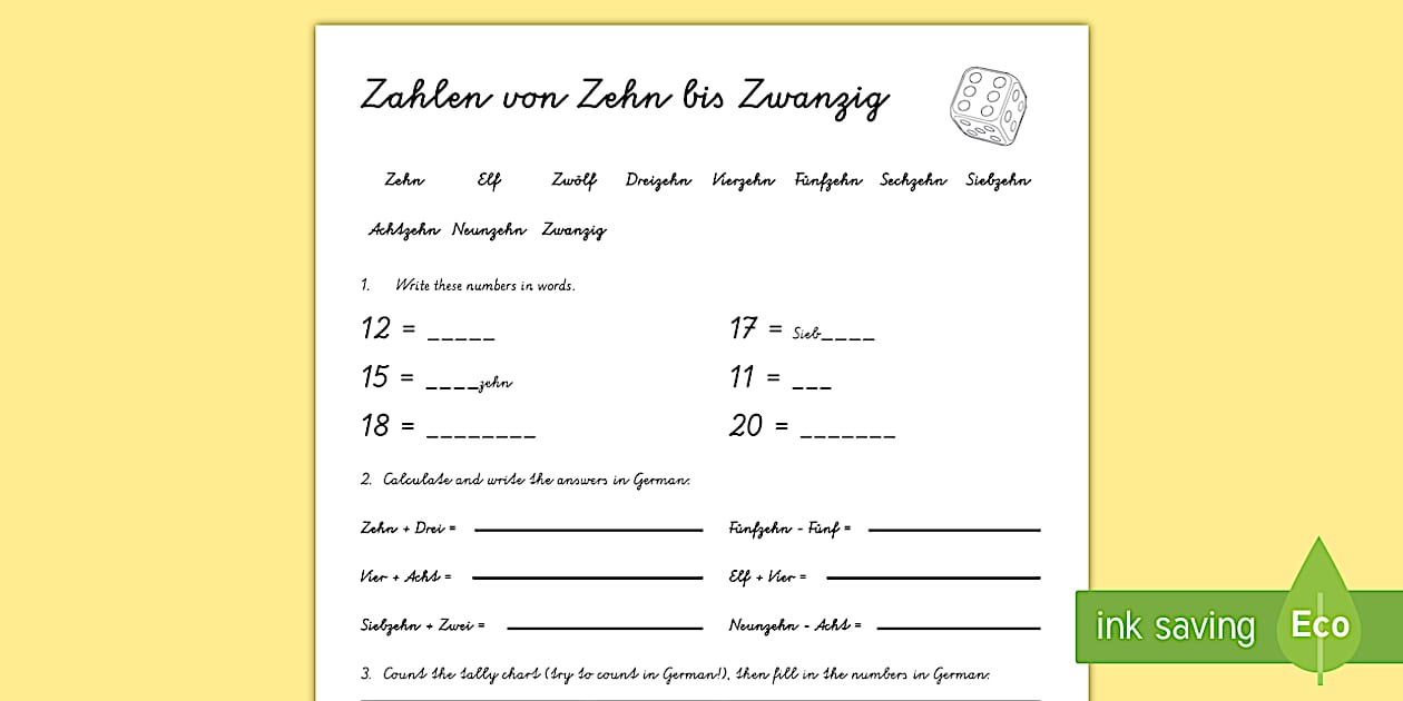 Numbers Ten to Twenty Worksheet / Worksheet German - Twinkl