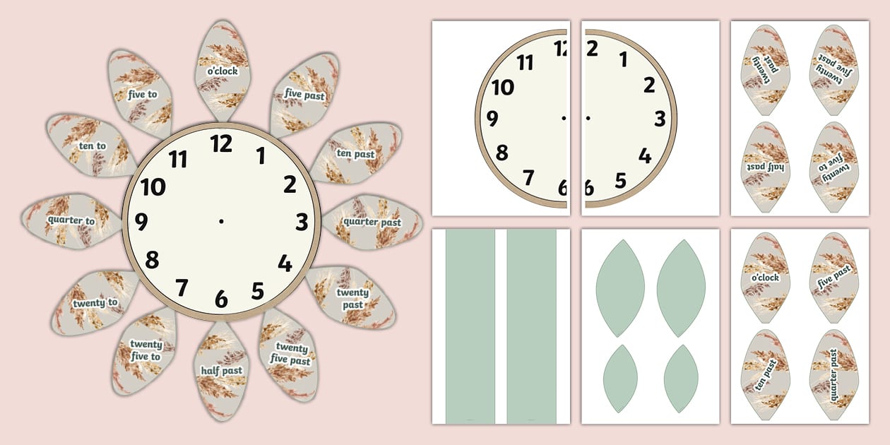 👉 Boho Neutral Themed Analogue Clock Flower Labels Cut-Outs
