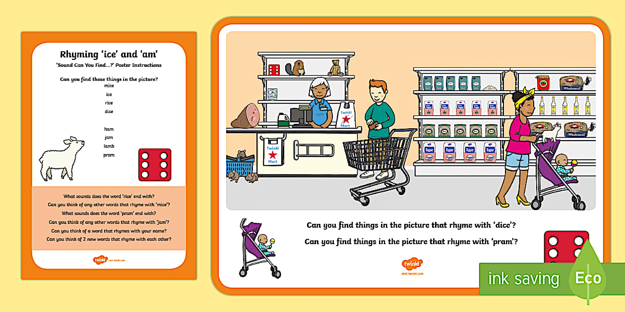 Find the Rhyme 'ice' and 'am' Poster (teacher made) - Twinkl