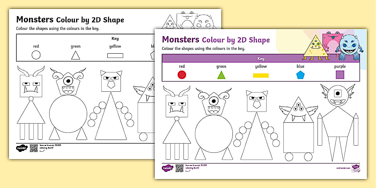👉 Monsters Colour by 2D Shape Activity - Twinkl