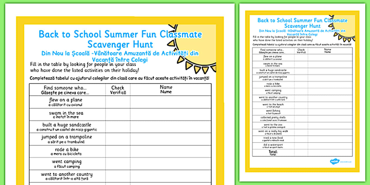 Back to School Summer Fun Classmate Scavenger Hunt Romanian Translation