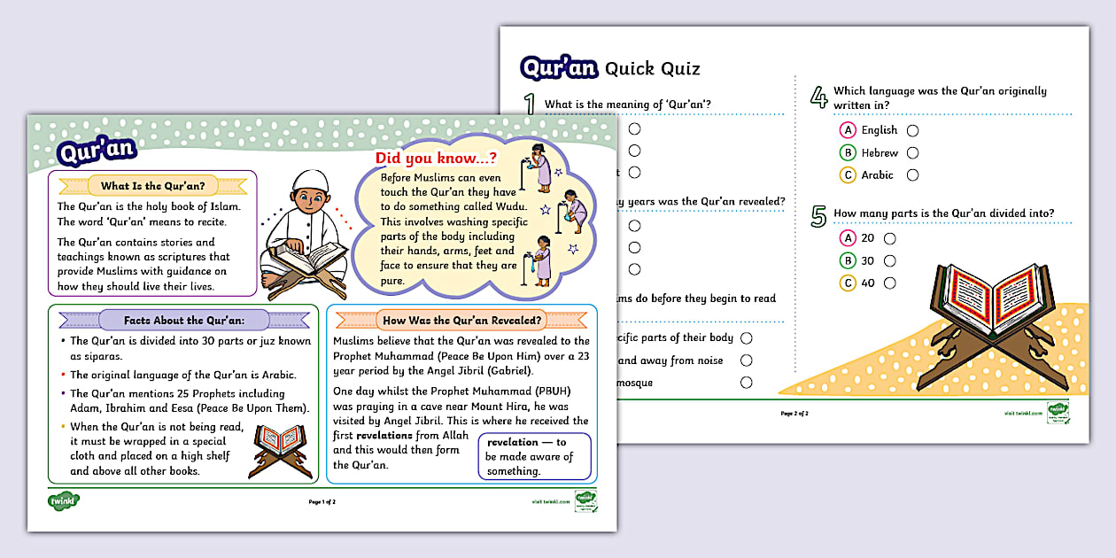 KS1 Qur'an Fact File and Quick Quiz I Islam I KS1 - Twinkl