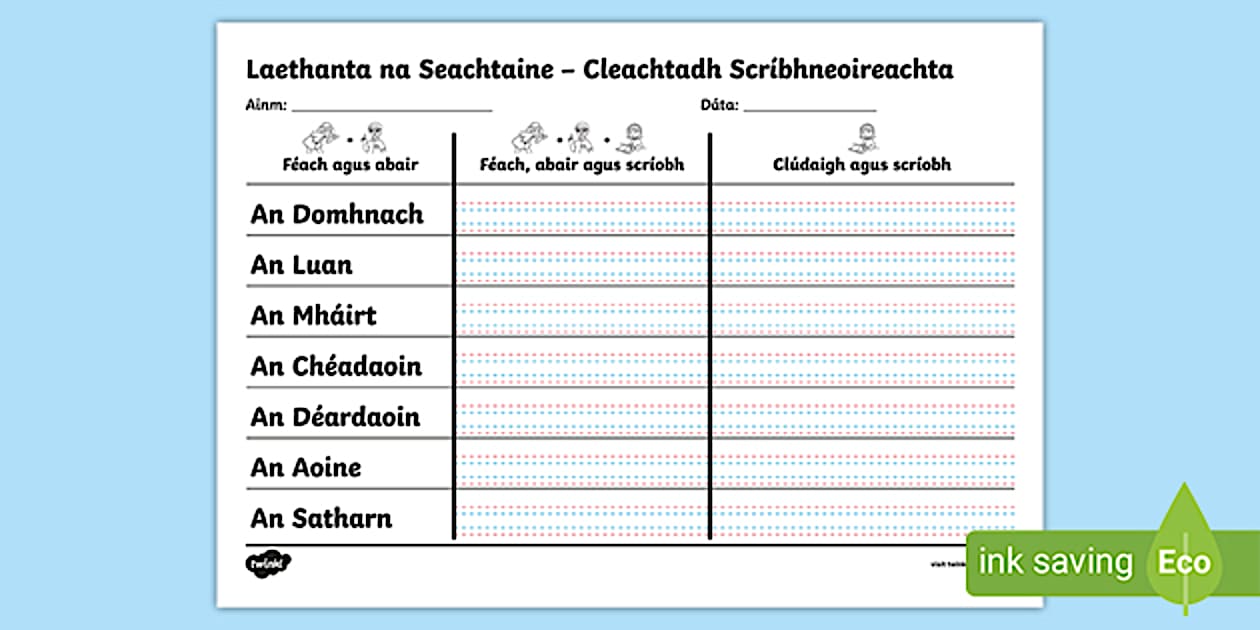 Laethanta na Seachtaine - Cleachtadh Scríbhneoireachta